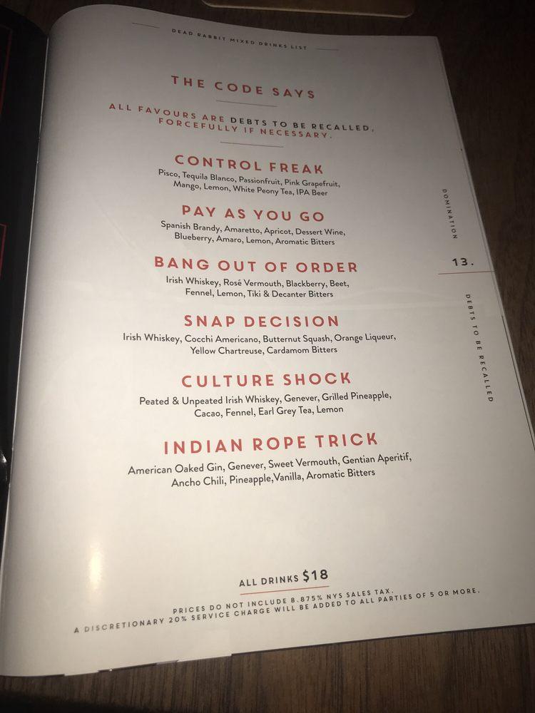 Menu at The Dead Rabbit pub & bar, New York City