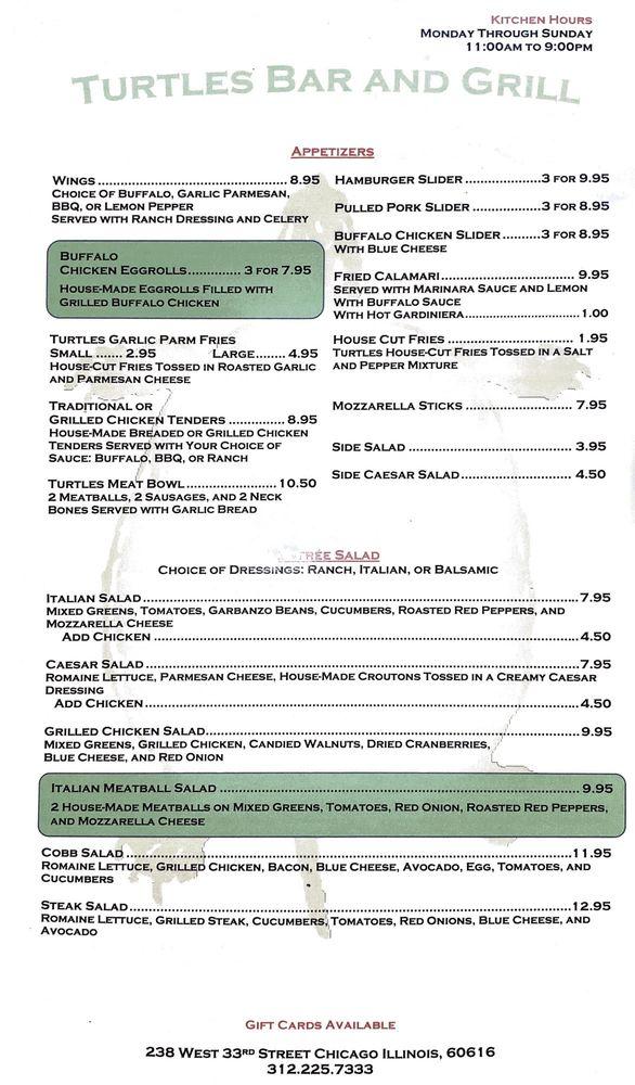 Menu at Turtle's Bar & Grill, Chicago