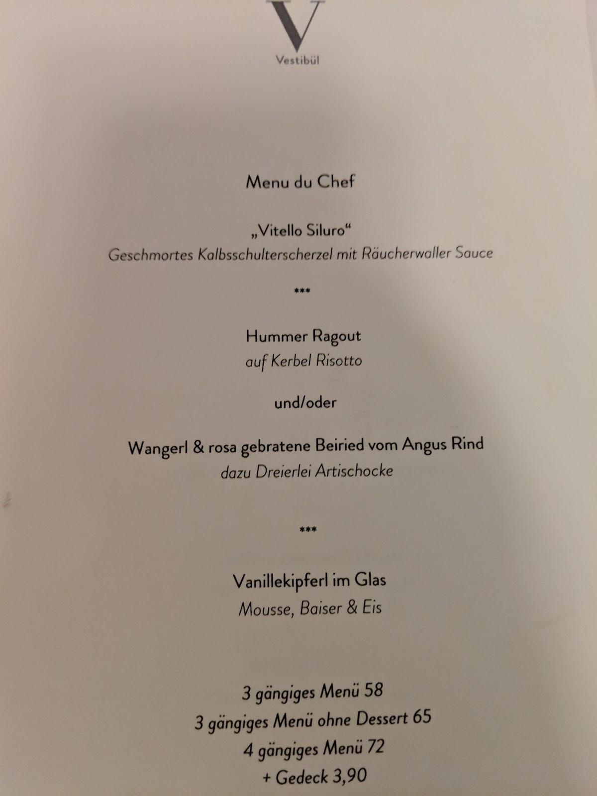 Speisekarte von Vestibül Restaurant im Burgtheater, Wien