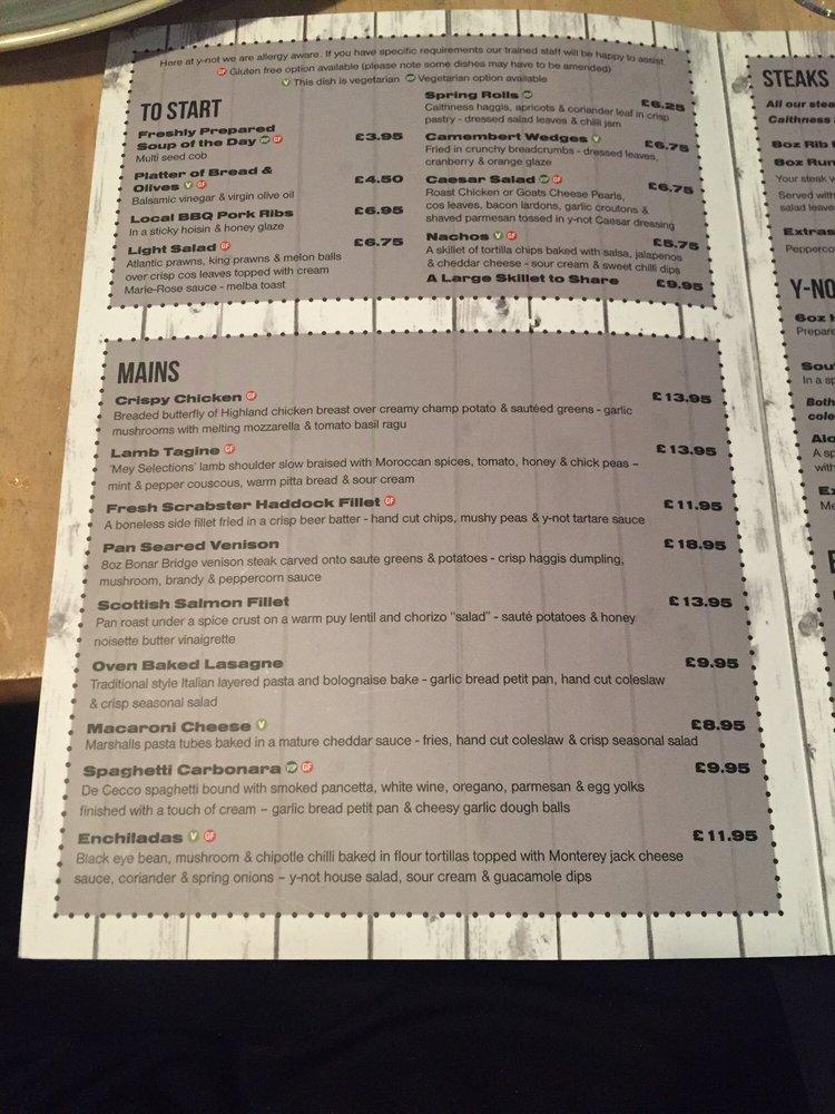 Menu at Y Not Bar & Grill, Thurso