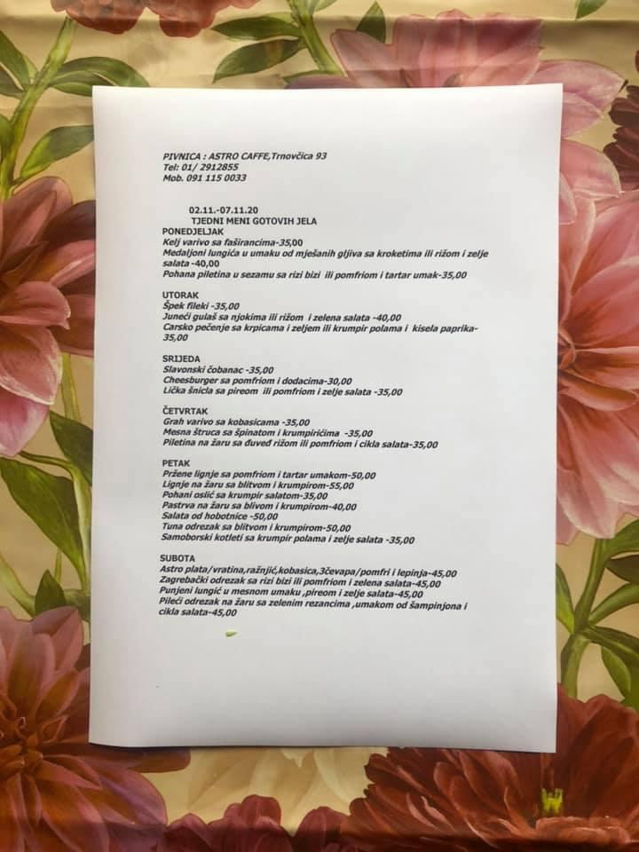Menu at Astro Pivnica restaurant, Zagreb