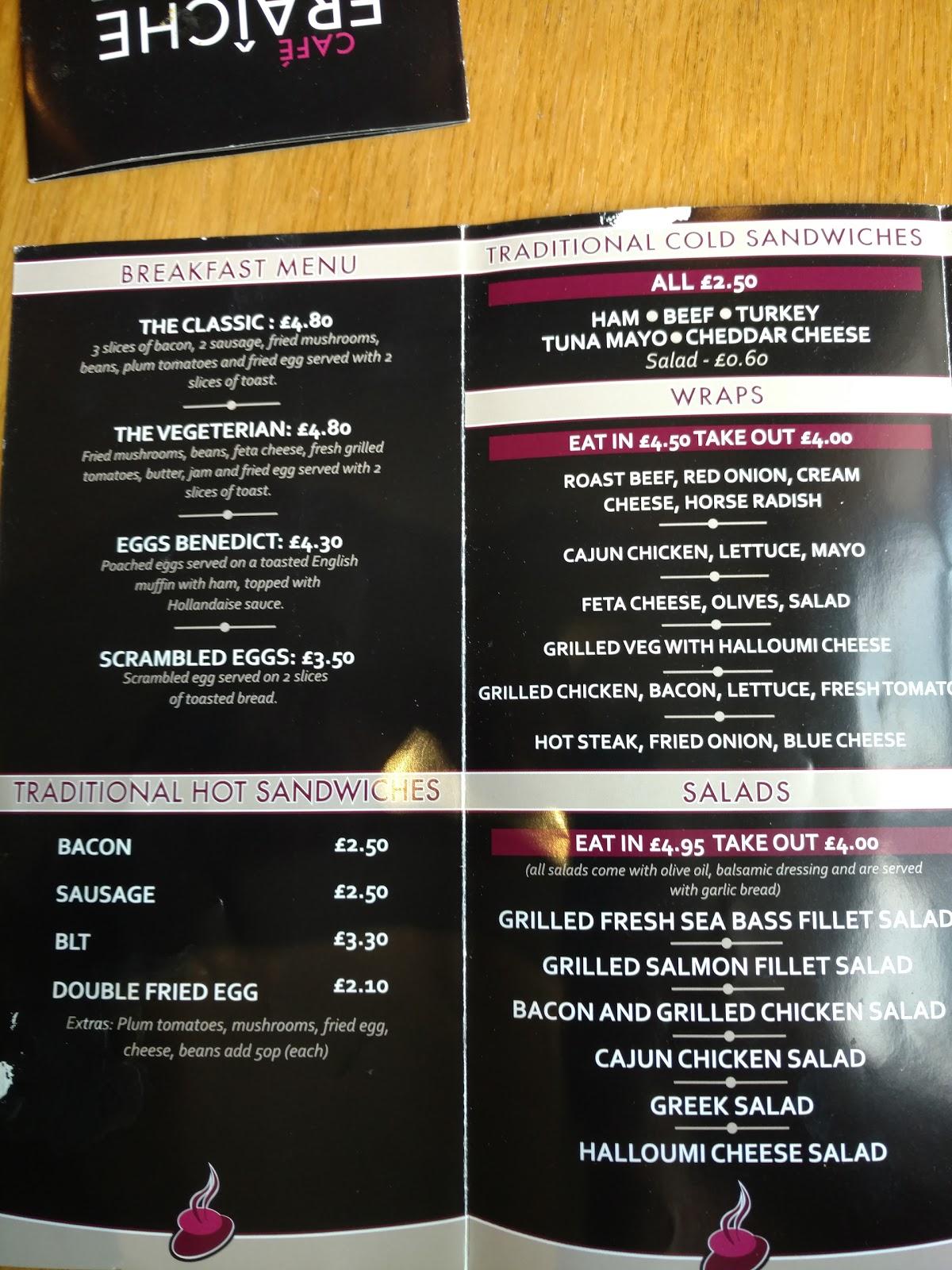 Menu at Cafe Fraiche, Leeds, 33 Rodley Ln