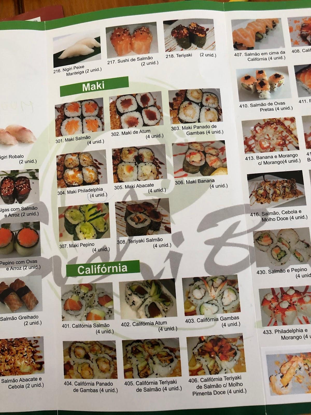 Menu em Sushi bom restaurante, Samora Correia
