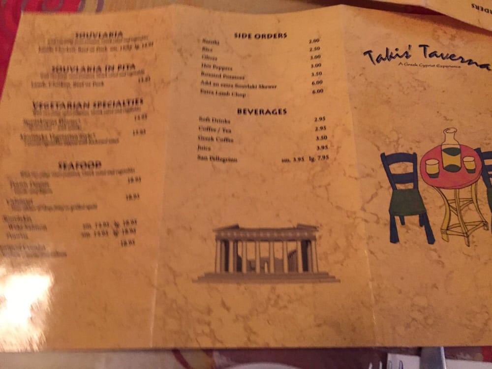 Menu at Takis' Taverna Greek Restaurant, Vancouver