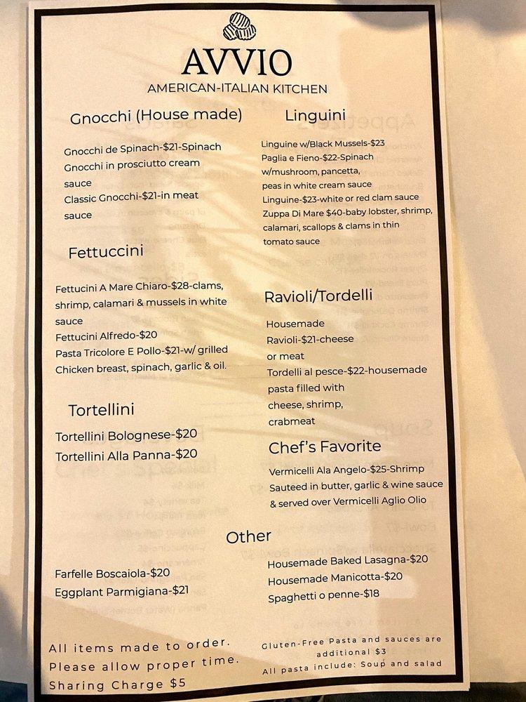 Menu at AVVIO restaurant, Chicago
