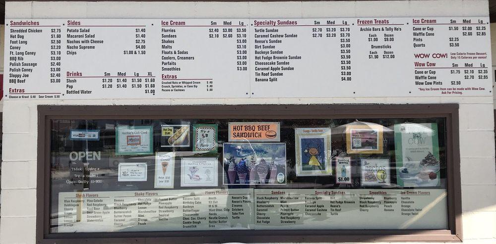 Menu at Archie's Drive In fast food, Findlay