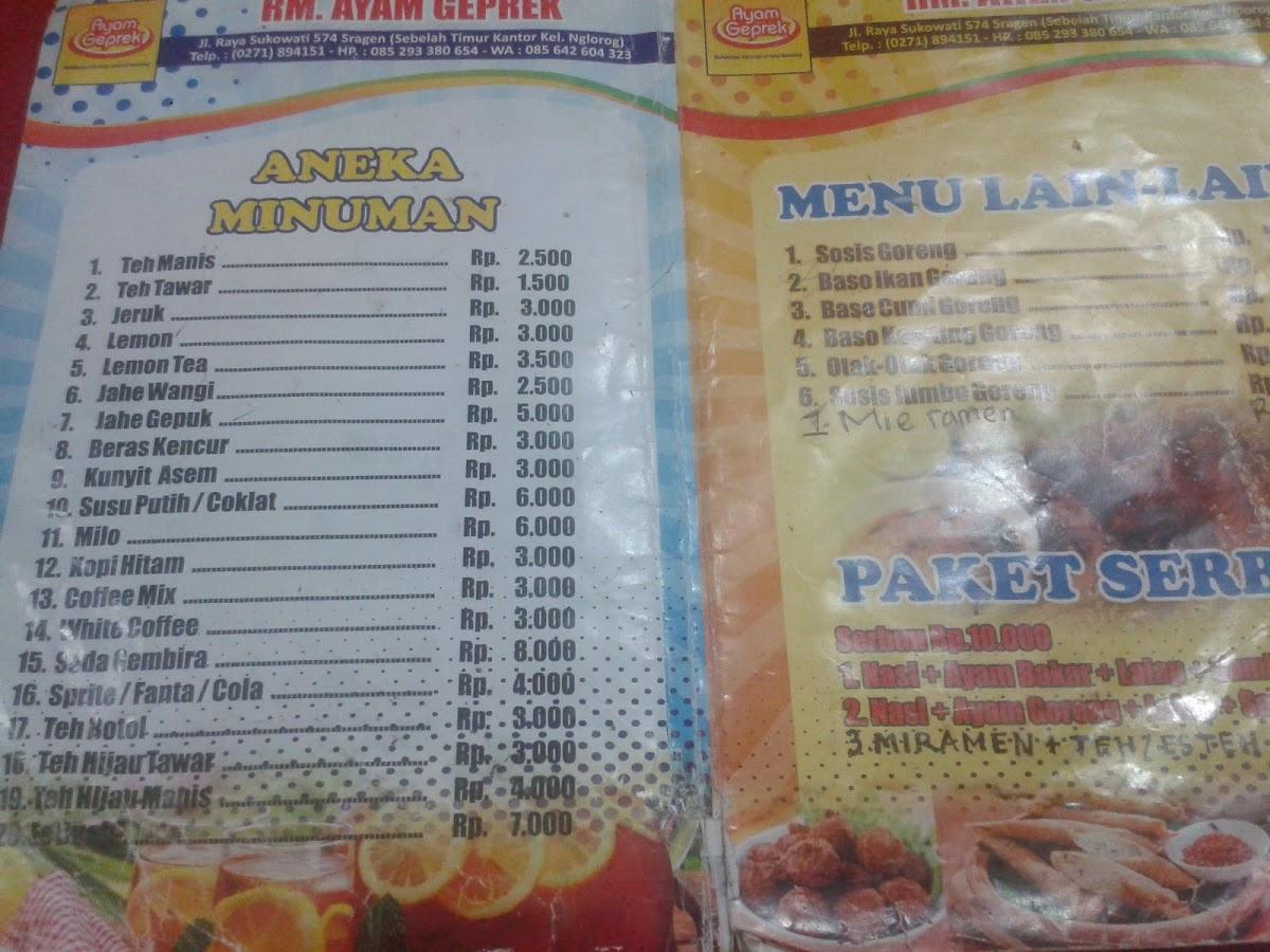 Menu at Ayam Geprek restaurant, Sragen, Jl. Raya Ngawi - Solo