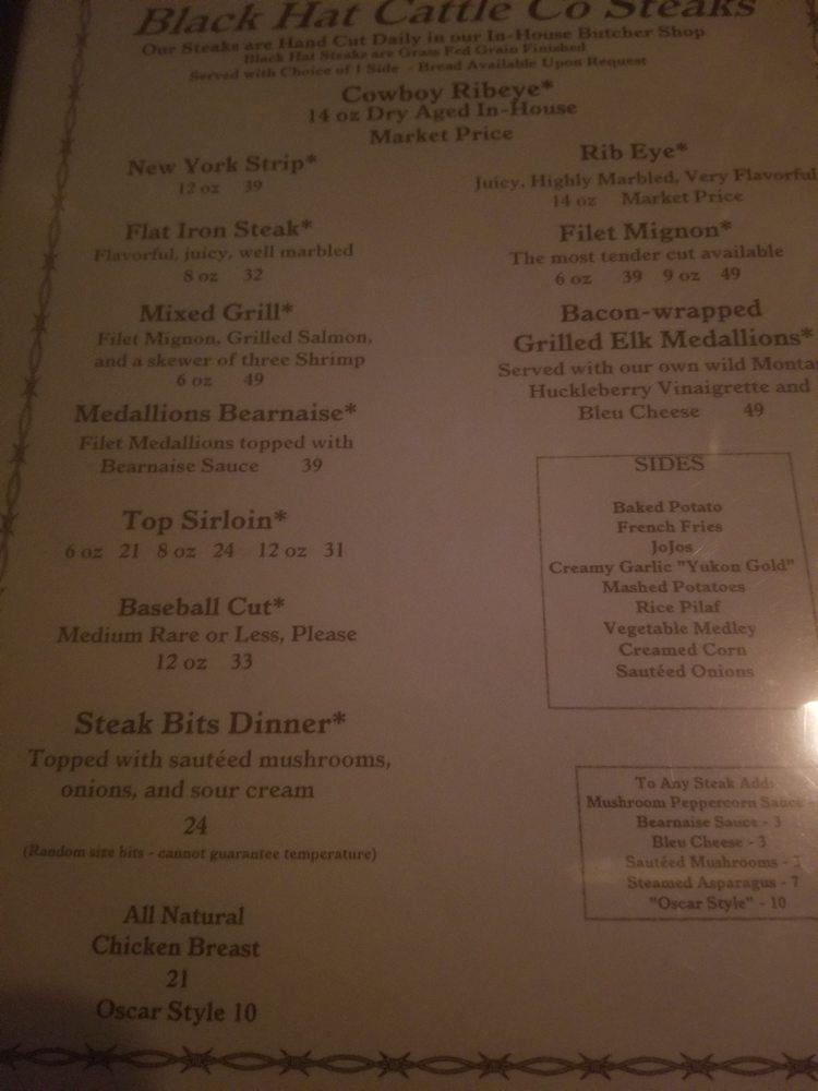 Menu at Black Hat Cattle Co steakhouse, Kittredge