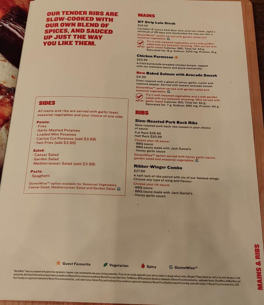 Carta de pizzería Boston Pizza, Hinton