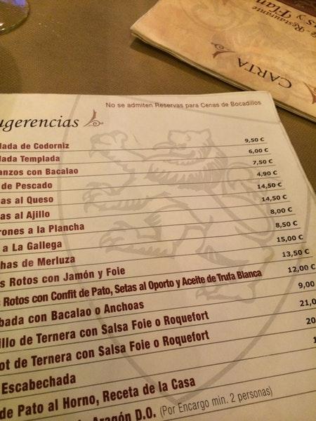 Carta de Restaurante Café Brujas y Flandes, Zaragoza