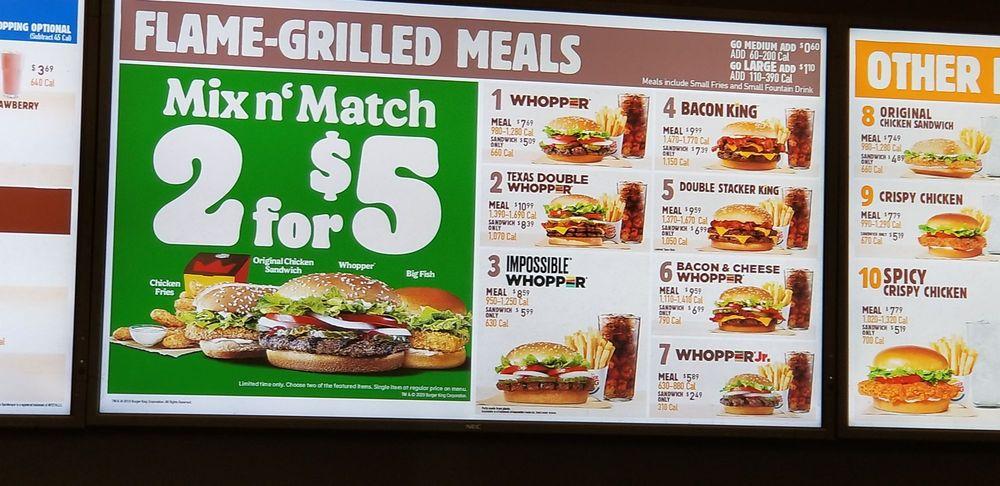 Menu at Burger King fast food, Fargo, 31st St S