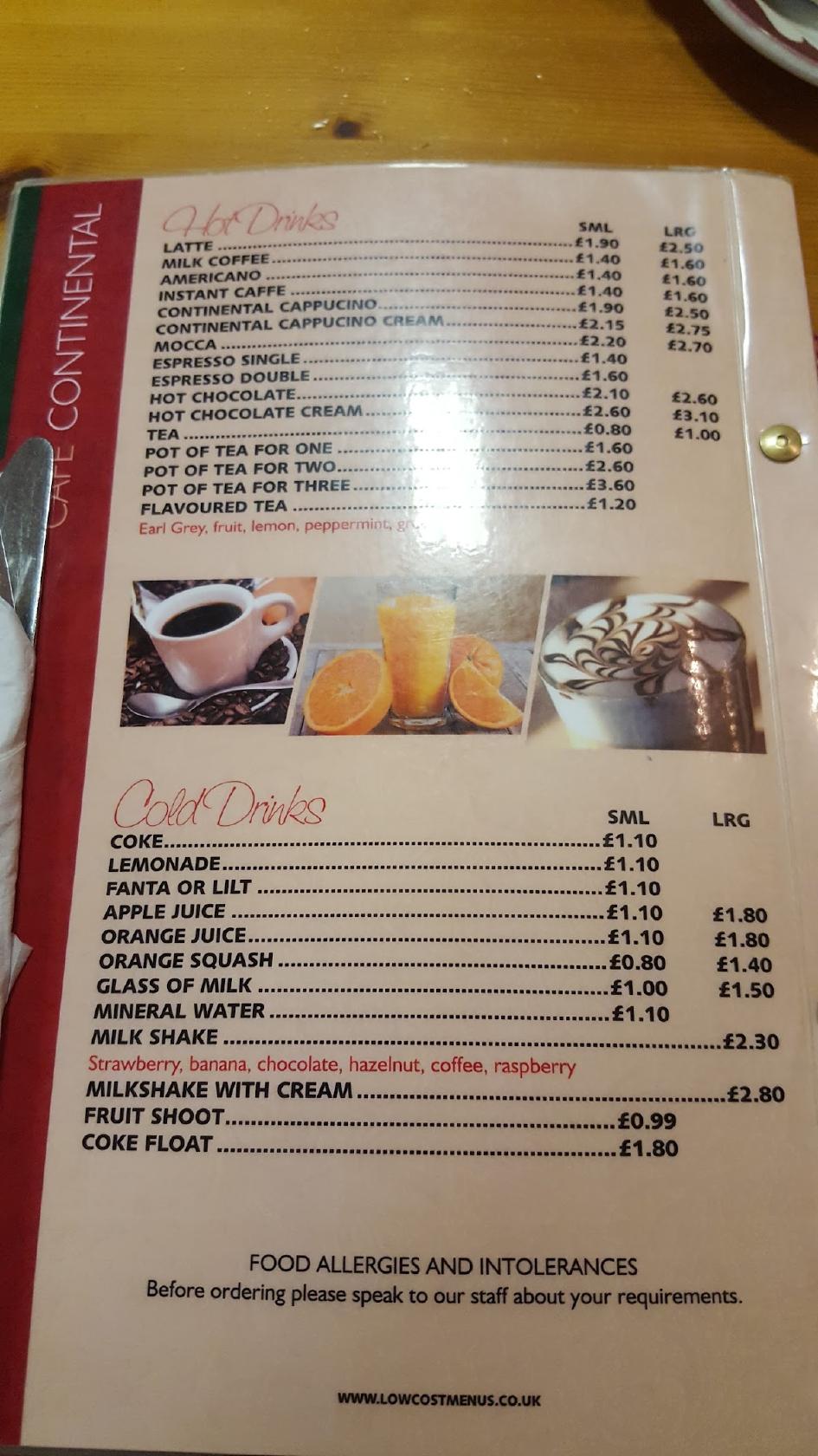 Menu at Continental cafe, Swansea, 37 Castle St