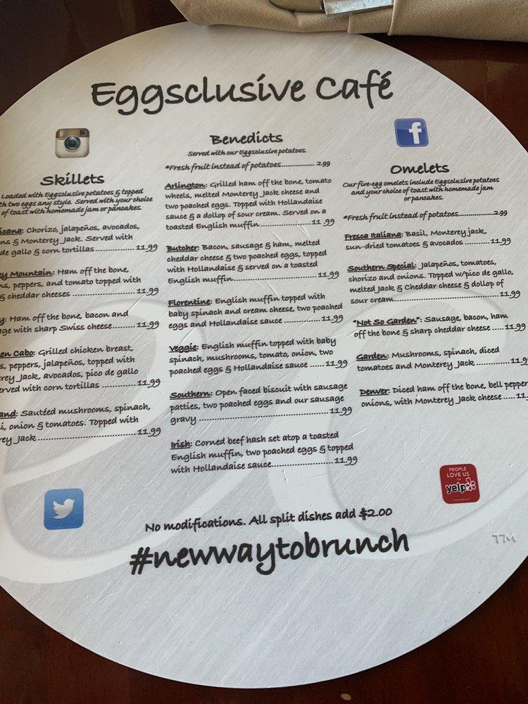 Menu at Eggsclusive Cafe, Sycamore