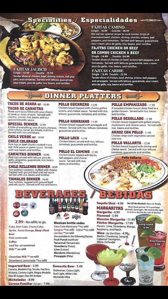 Menu at El Camino Real restaurant, Three Rivers