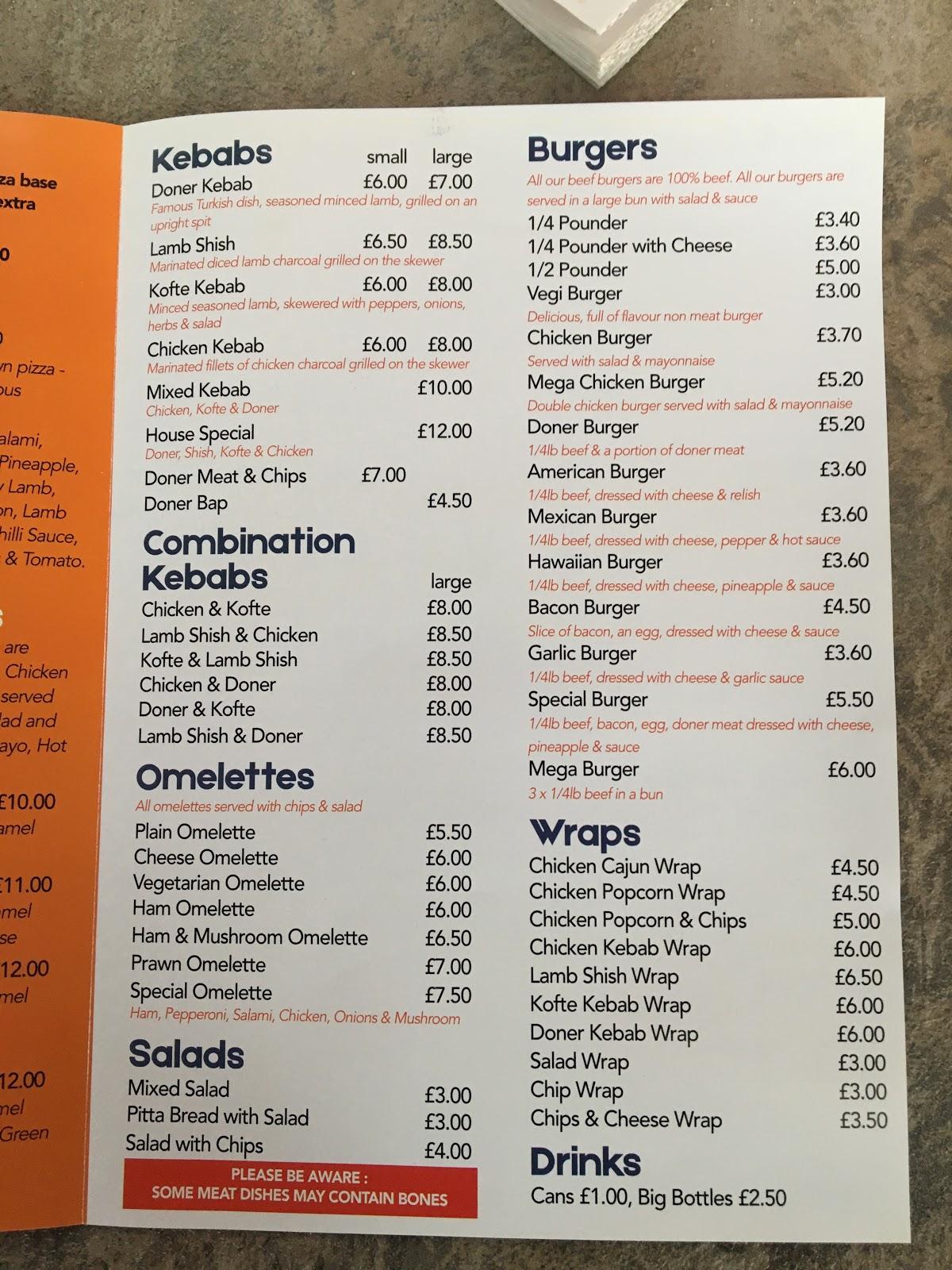 Menu at Pancho’s New Formby pizzeria, Liverpool
