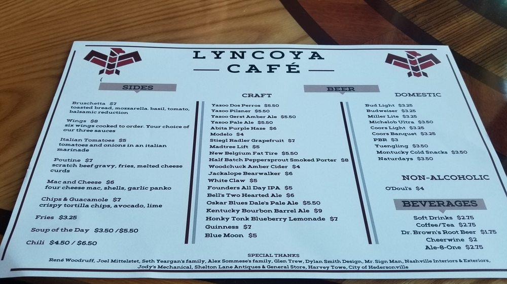 Menu at Lyncoya Cafe, Hendersonville