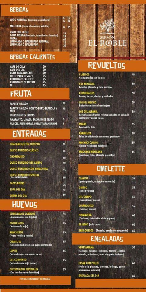 Menu at Meson el roble la casa del chilaquil restaurant, Zacatecas