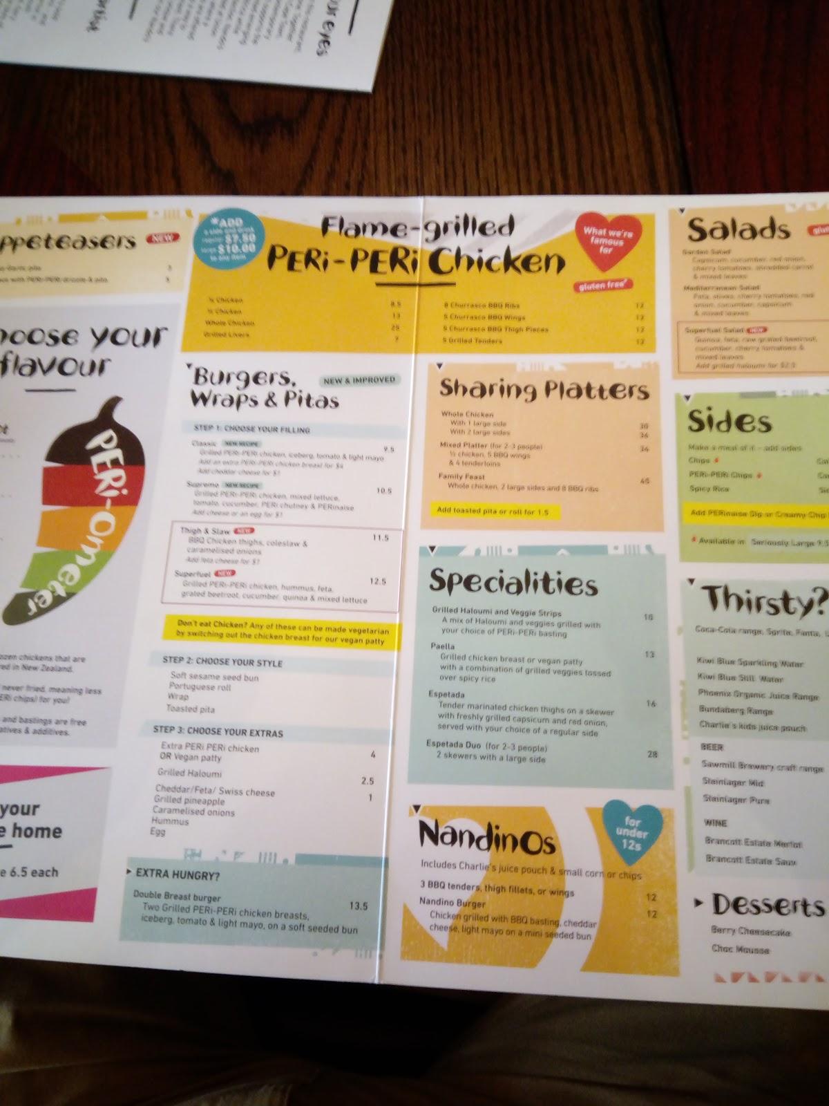 Menu at Nando's Octagon restaurant, Dunedin