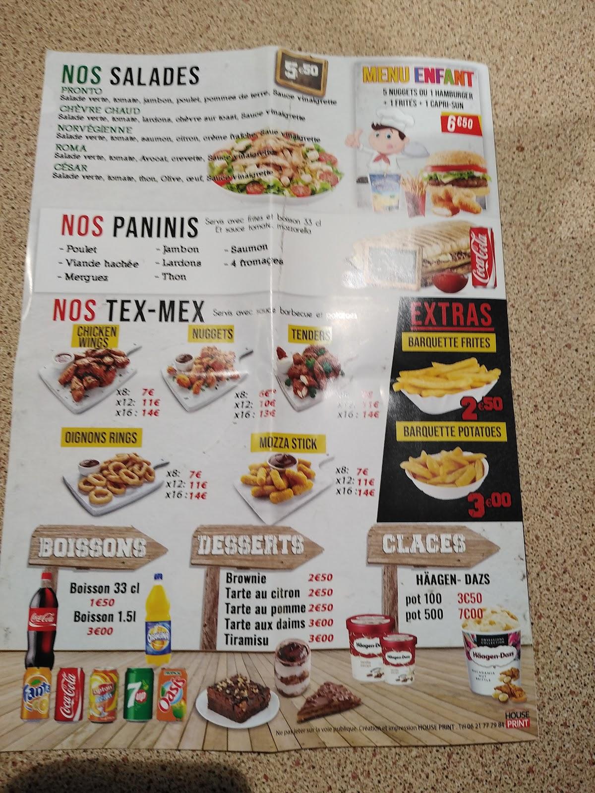 Menu au Pronto Pizza restaurant, Lens