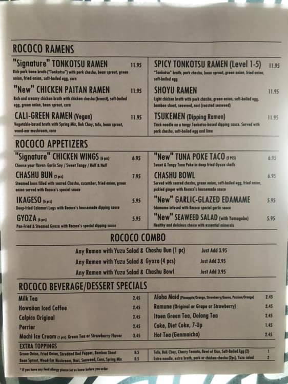 Menu at Rococo Ramen restaurant, Los Angeles