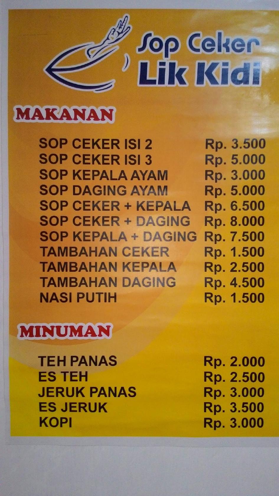 Menu at Sop Lik Kidi (Ayam&Sapi) restaurant, Salatiga, Jl. Jend ...