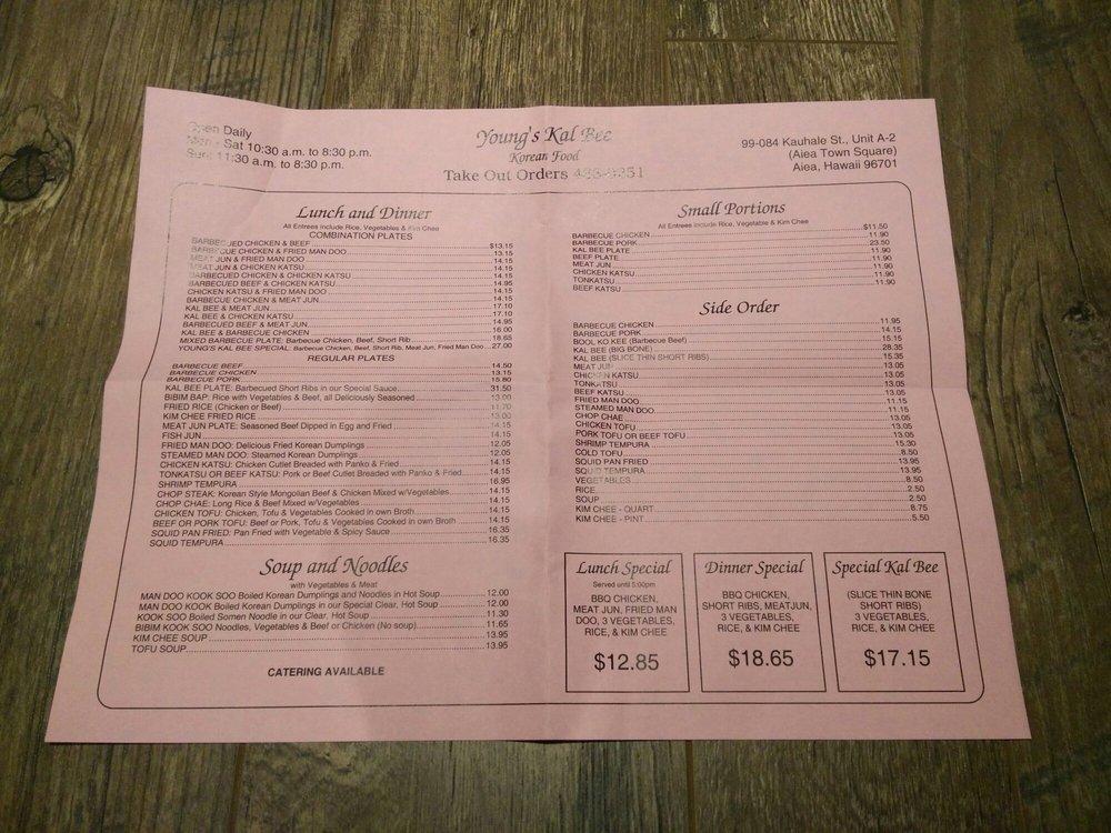 Menu at Young's Kal bee restaurant, Aiea