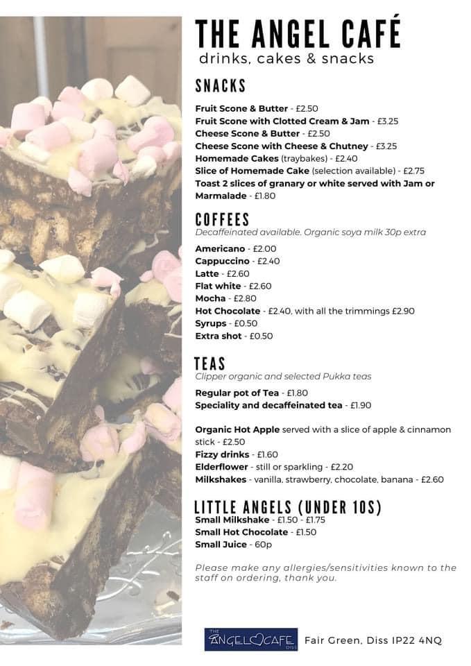 Menu at Angel Cafe, Diss