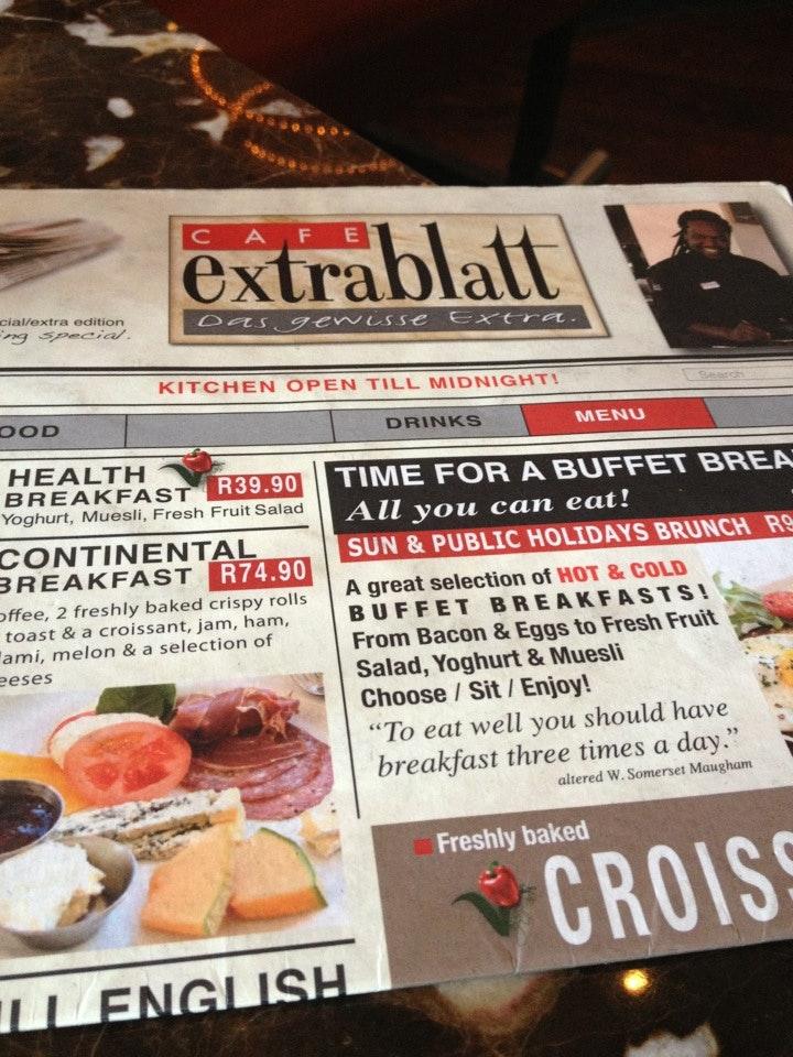 Menu au Cafe Extrablatt, Le Cap