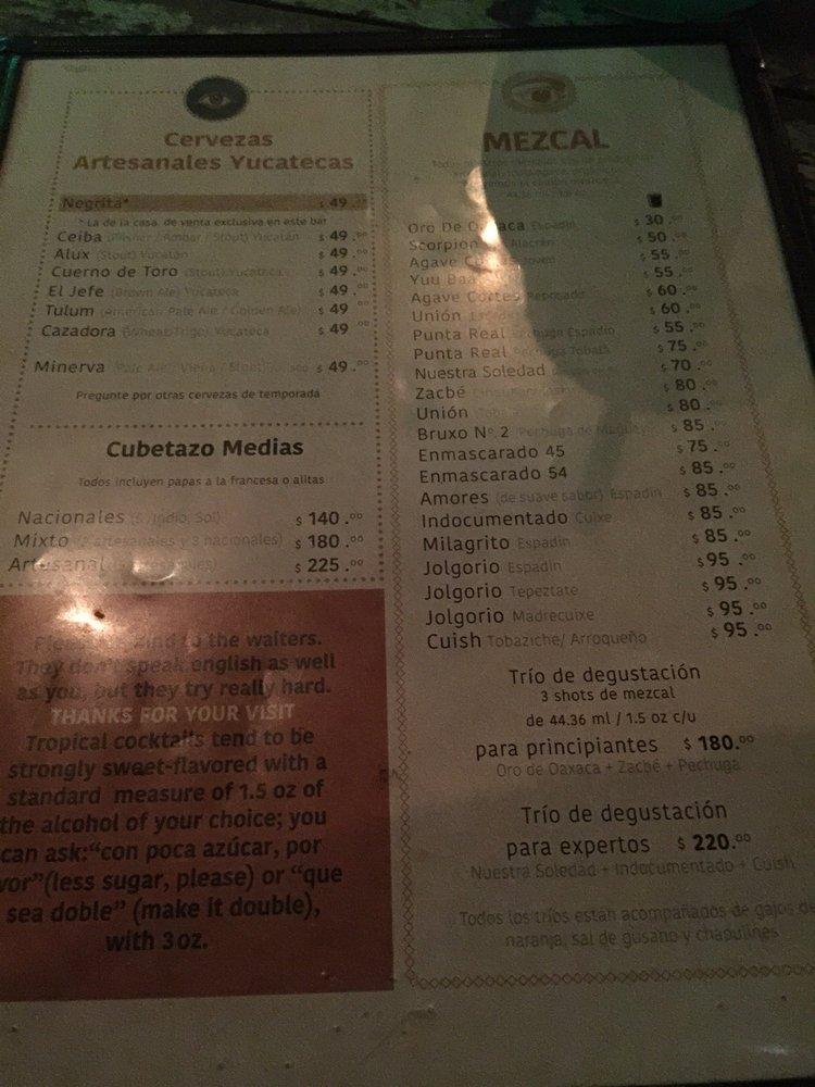 Carta del pub y bar La Negrita Cantina, Merida, Calle 62 esquina