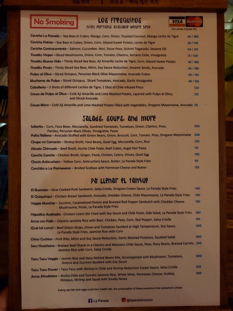 Menu at La Parada restaurant, San Miguel de Allende