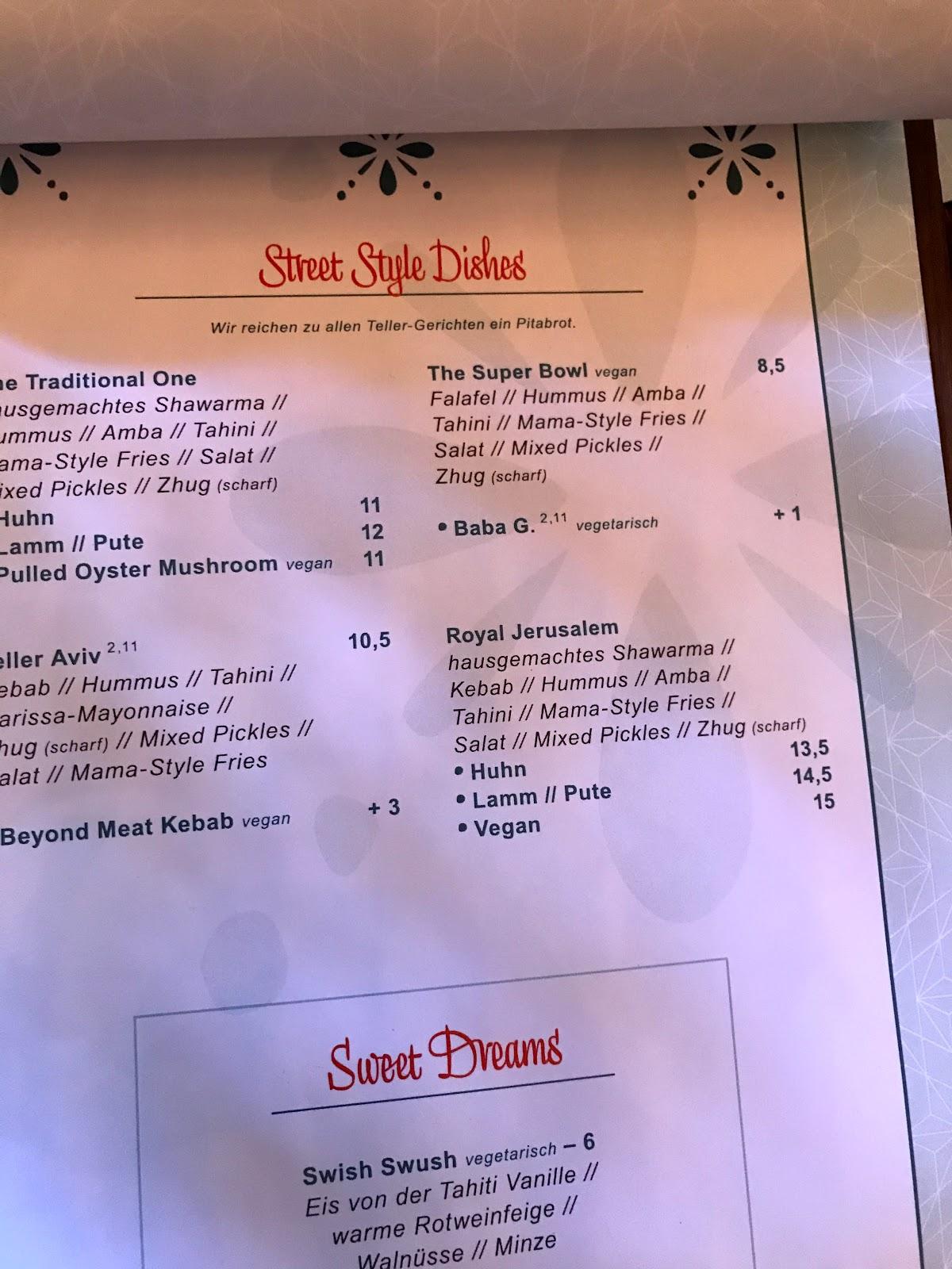 Menu at Nish Nush restaurant, Cologne