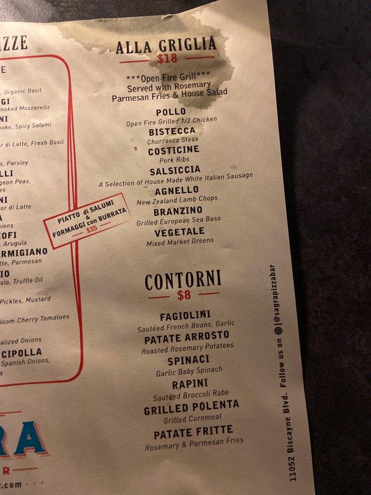 Menu at Sagra Pizza Bar, Miami