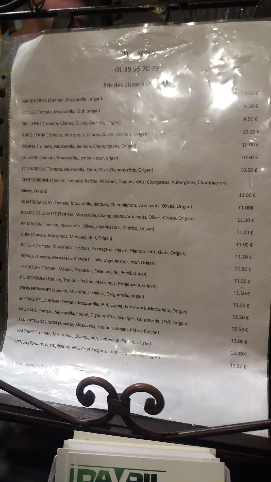 Menu au Bella Roma restaurant, Saint-Leu-la-Forêt