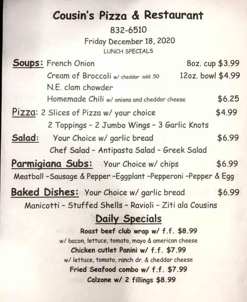 Menu at Cousin's Pizza pizzeria, Wingdale, NY-22