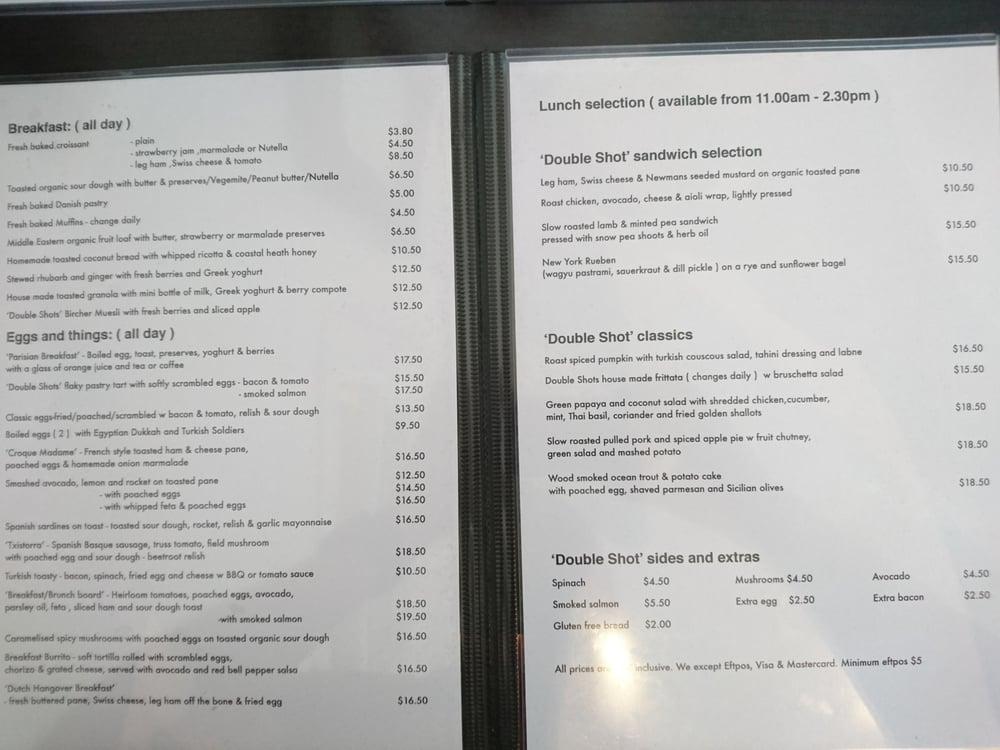Menu at Double Shot New Farm restaurant, New Farm, 2/125 Oxlade Dr