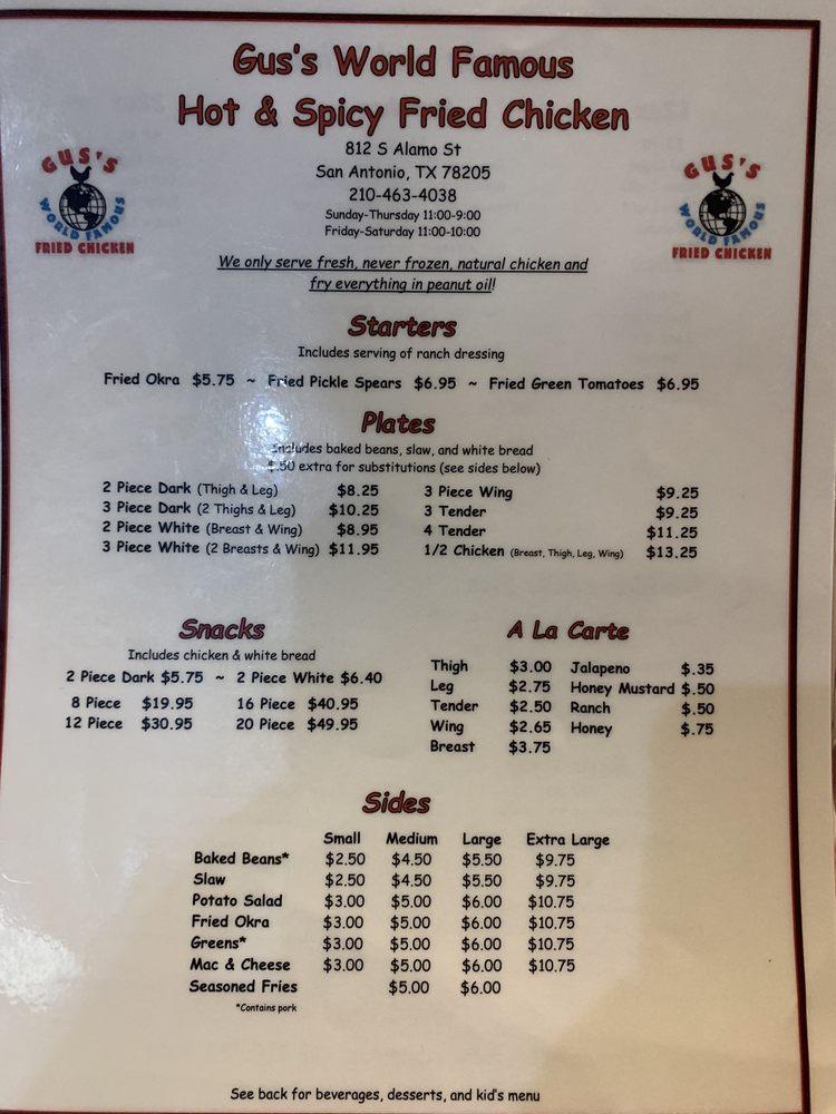 Carta del restaurante Gus’s World Famous Fried Chicken, San Antonio