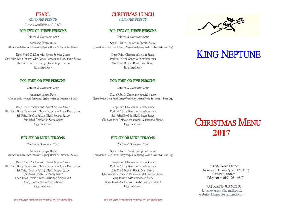 Menu at King Neptune restaurant, Newcastle upon Tyne, Parkside