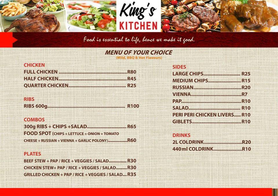 Menu at Kings Kitchen restaurant, Pretoria