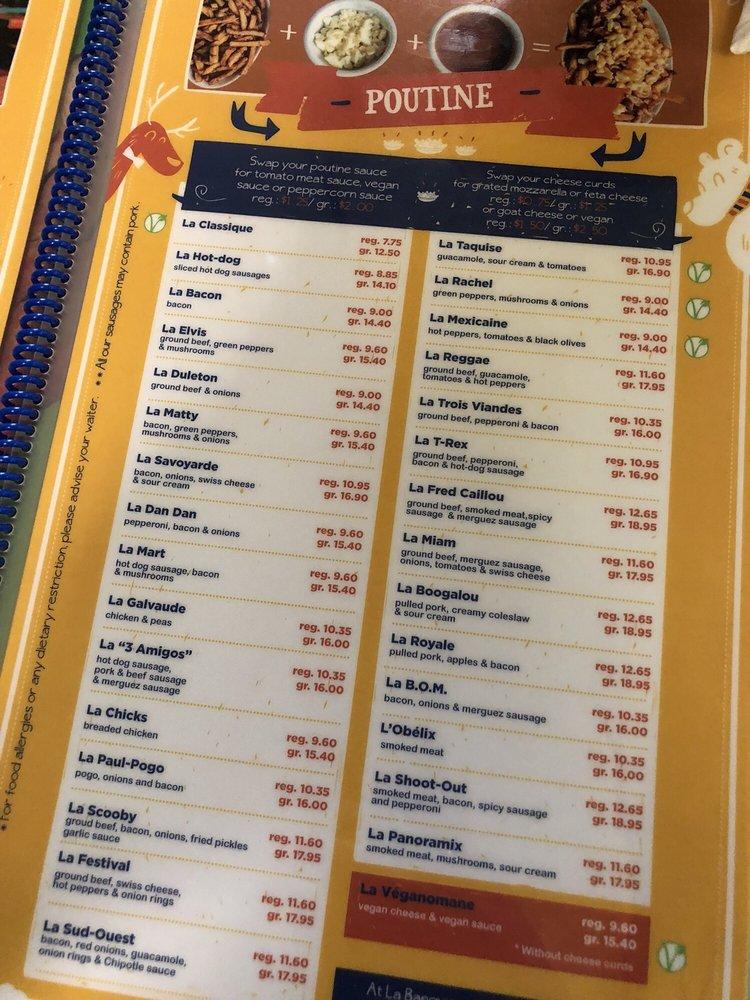 Carta del restaurante La Banquise, Montréal