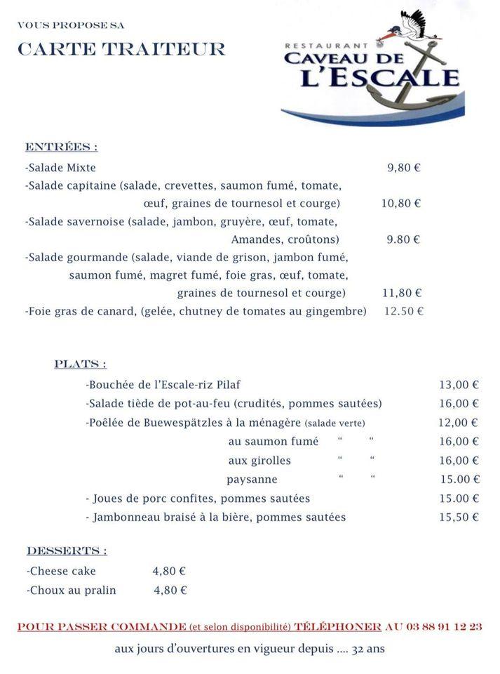 Menu au Caveau de L'Escale restaurant, Saverne