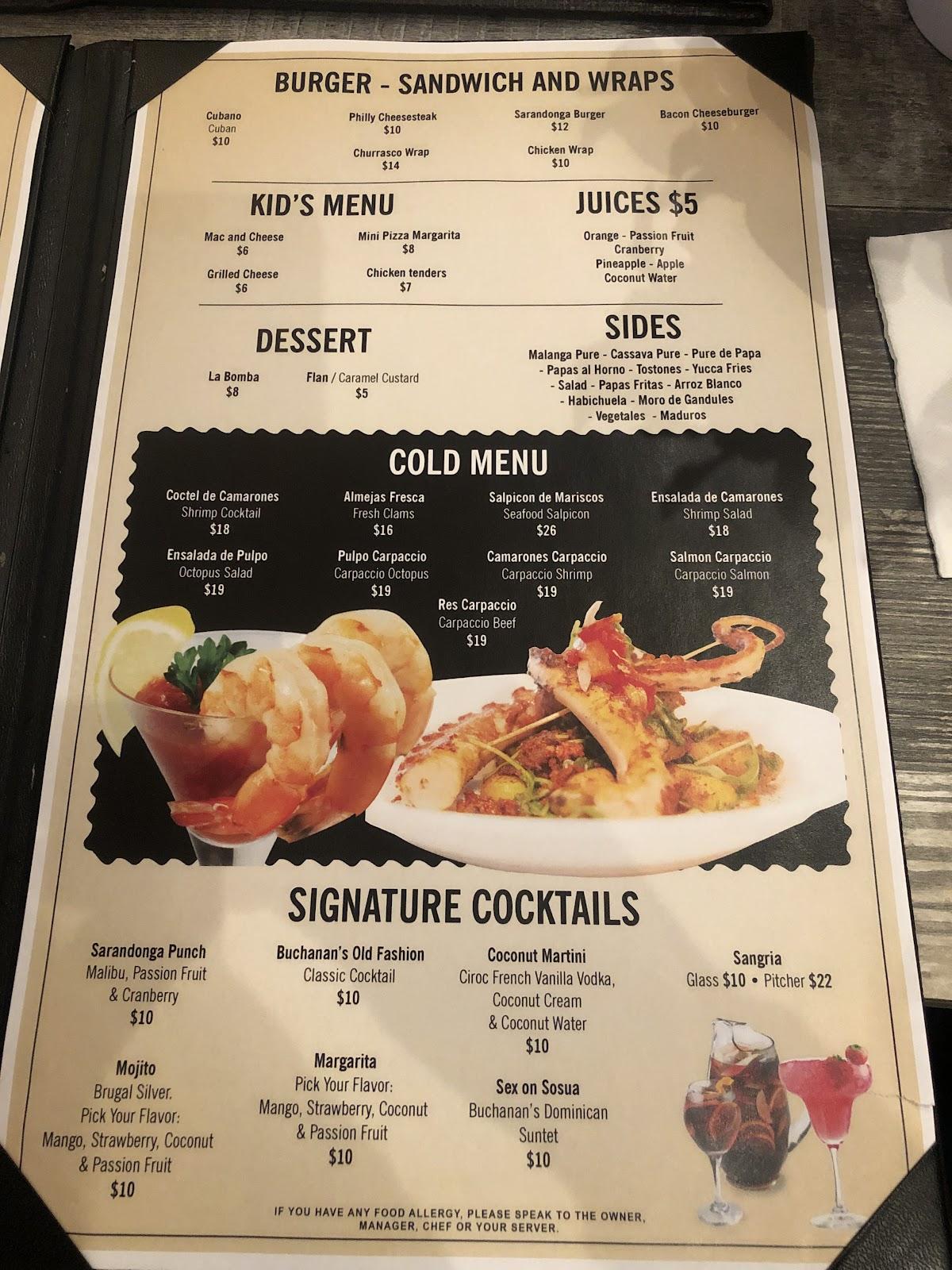 Carta del restaurante Sarandonga, Allentown