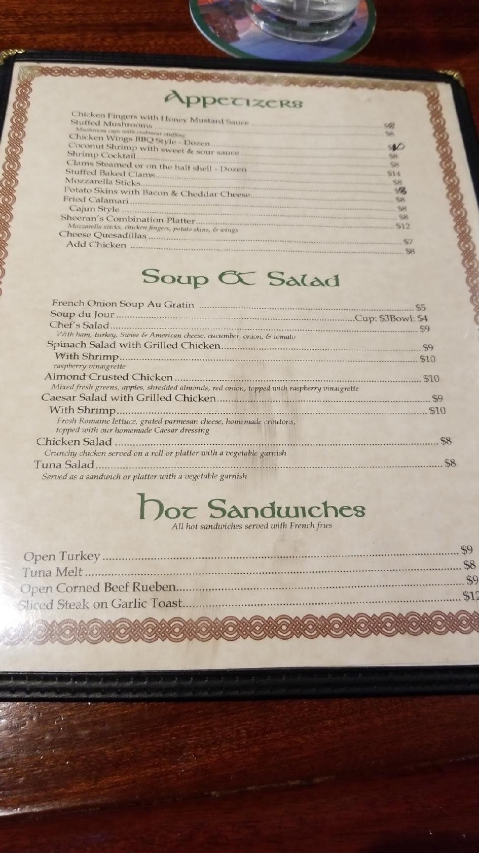 Menu at Sheeran's The Perfect Pint restaurant, Tomkins Cove