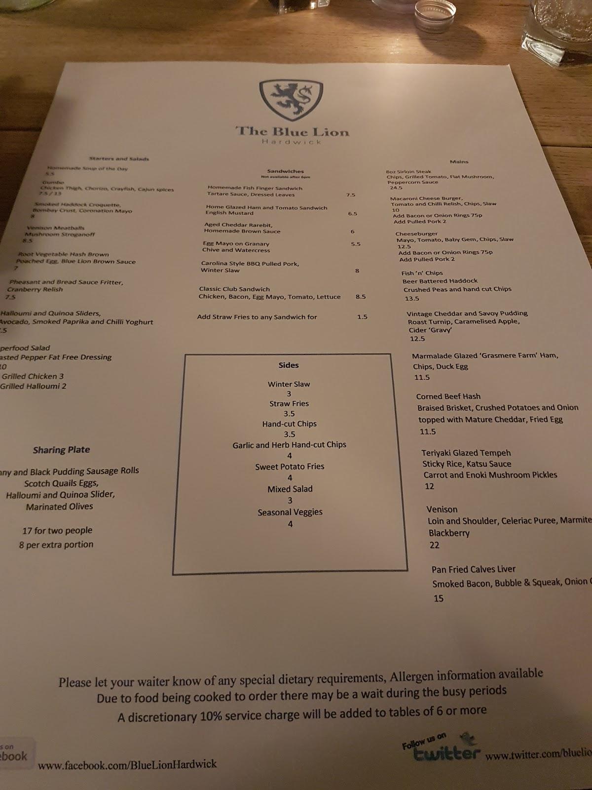 Menu at The Blue Lion pub & bar, Hardwick, 74 Main St