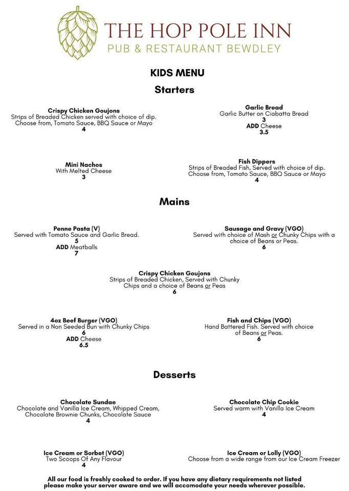Menu at Hop Pole Inn pub & bar, Bewdley