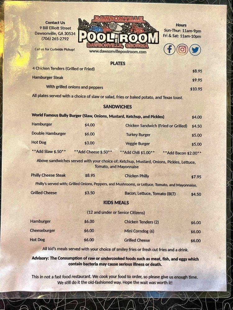 Menu at Dawsonville Pool Room restaurant, Dawsonville