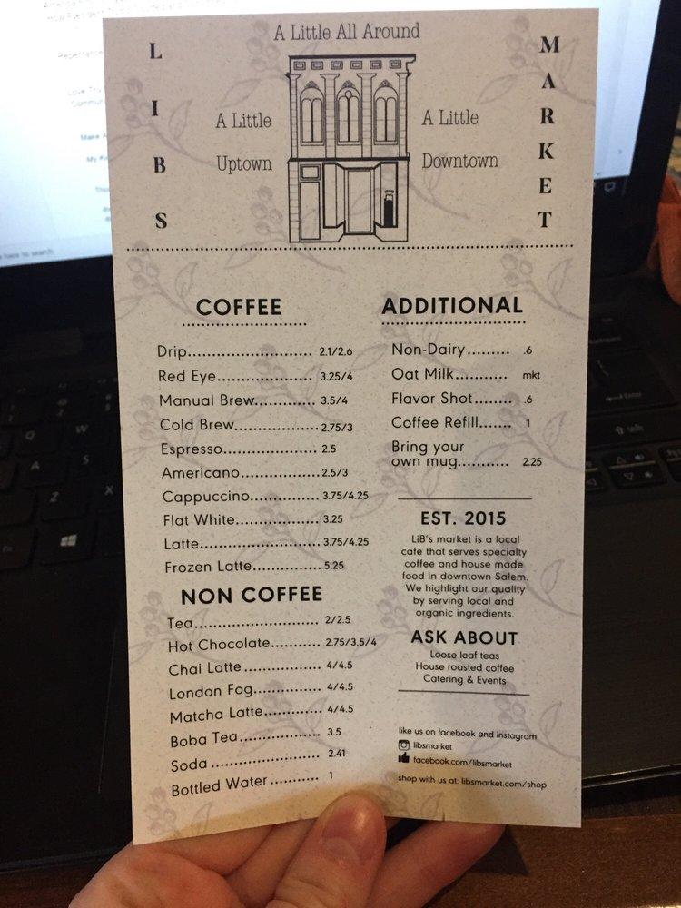 Menu at LiB’s Market cafe, Salem