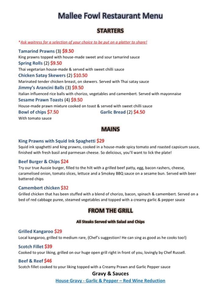 Carta de Mallee Fowl Restaurant, Monash, 19042 Sturt Hwy
