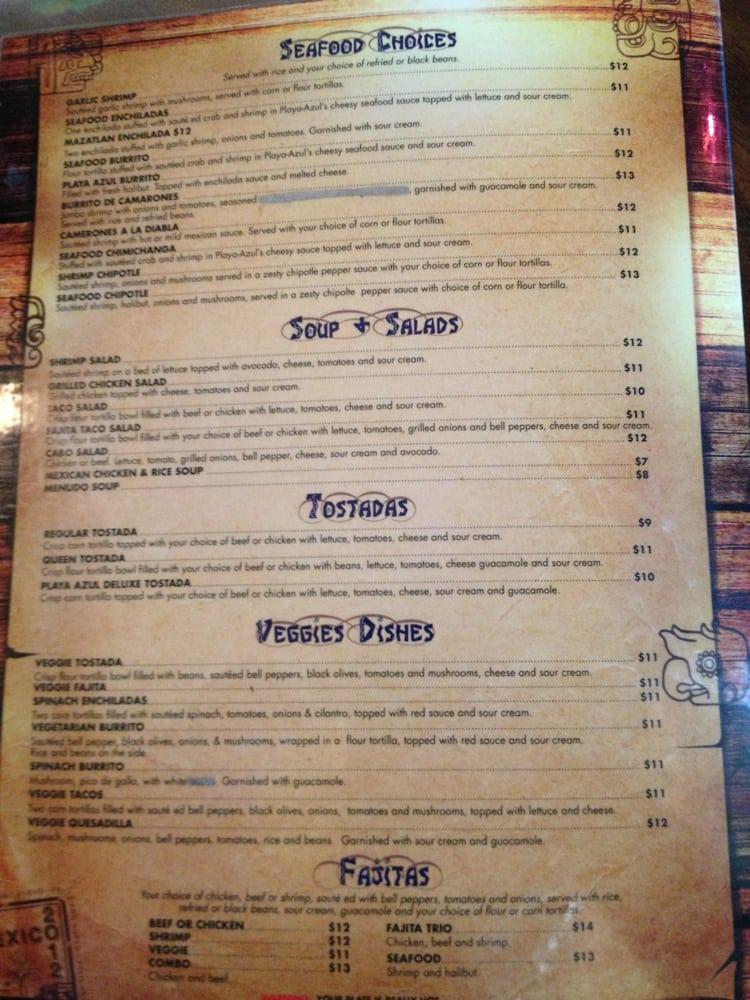 Menu at Playa Azul restaurant, Kenai