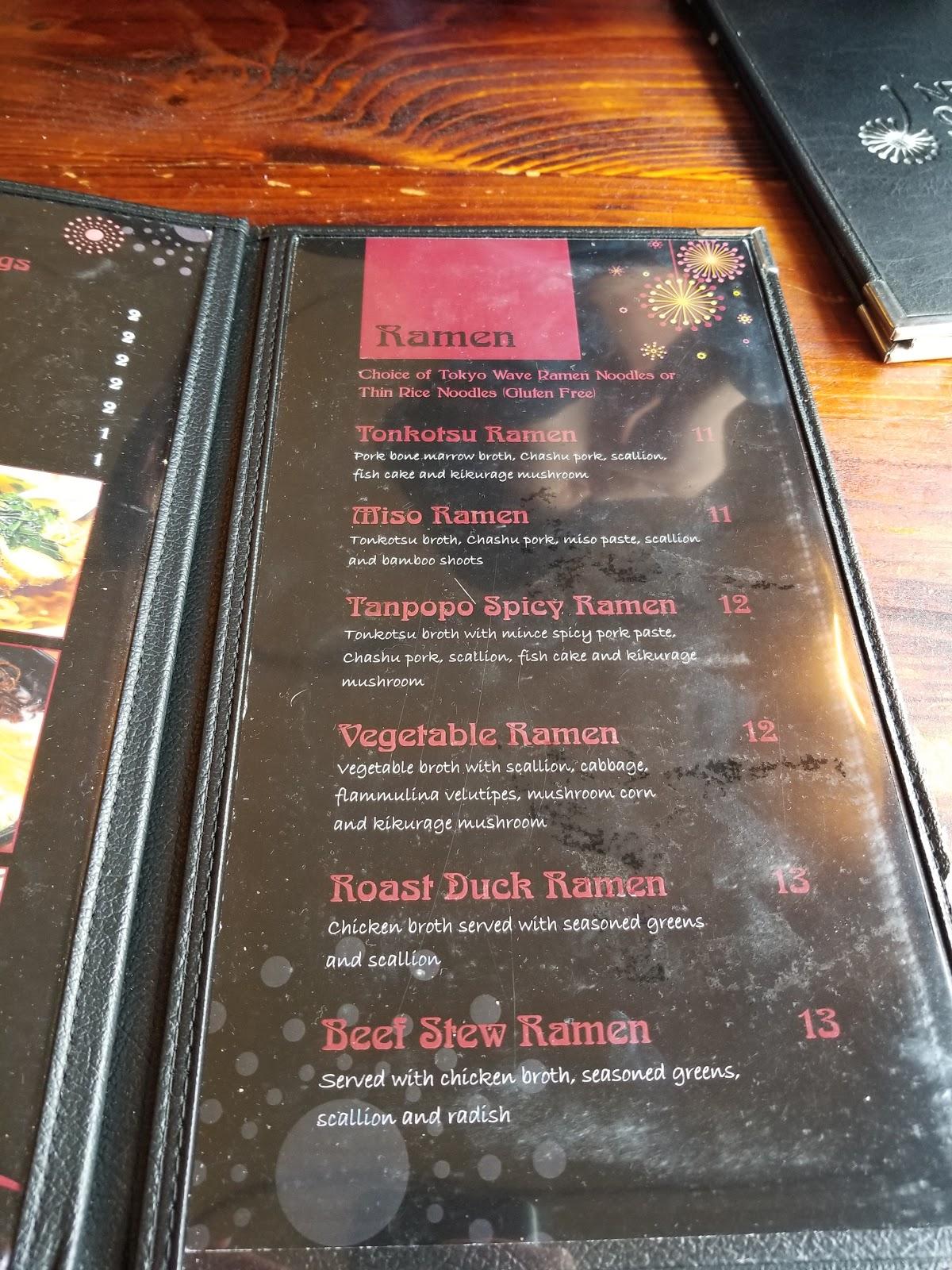 Menu at Tanpopo Ramen and Sake Bar, Albany