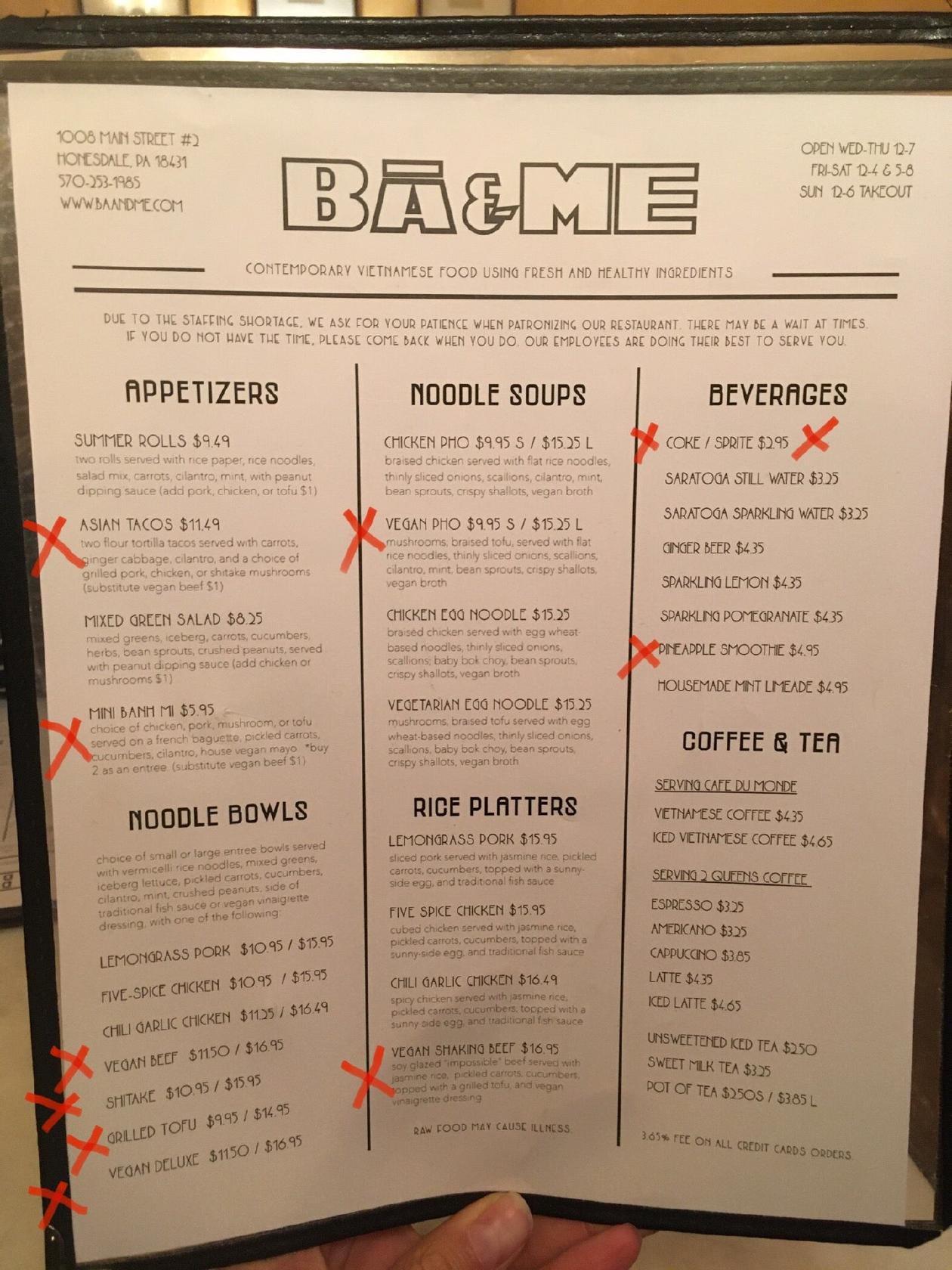 Menu at Bà & Me restaurant, Honesdale, Main St